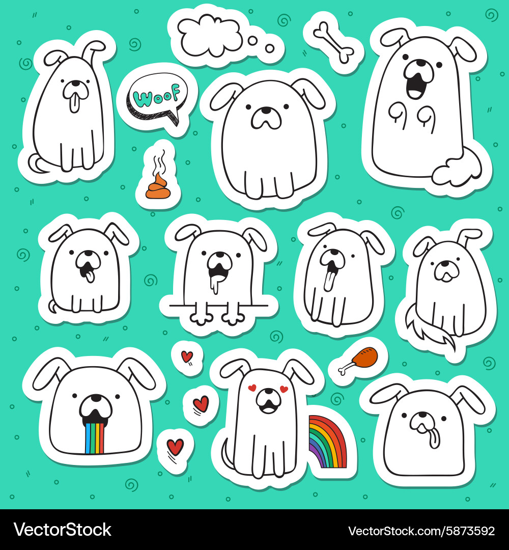 Set 10 dogs doodle handmade stickers Royalty Free Vector