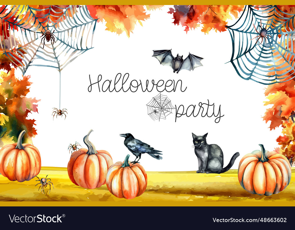 Watercolor halloween card pumpkin spider bat Vector Image
