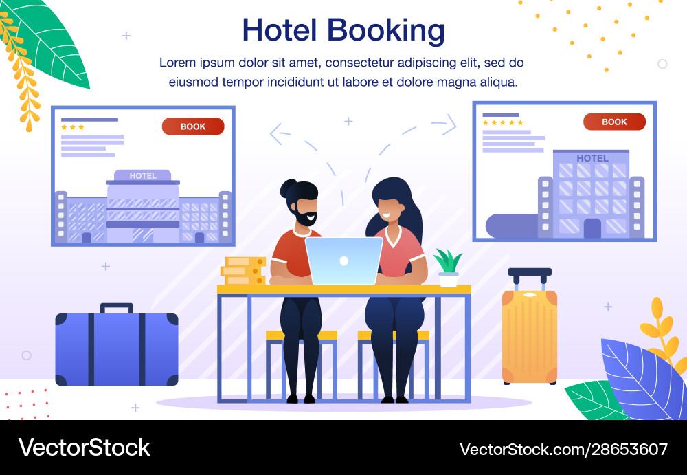 Booking hotel room online flat banner Royalty Free Vector