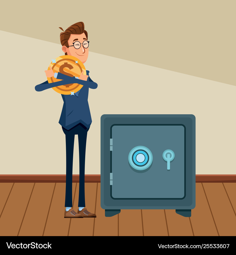 Businessman hugging a big coin Royalty Free Vector Image