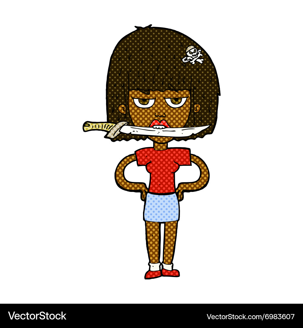 Comic cartoon woman with knife between teeth Vector Image