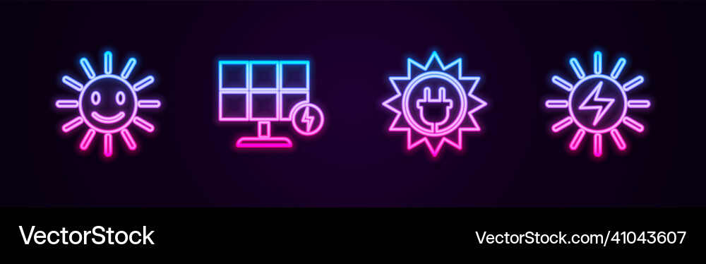 Set line cute sun with smile solar energy panel Vector Image