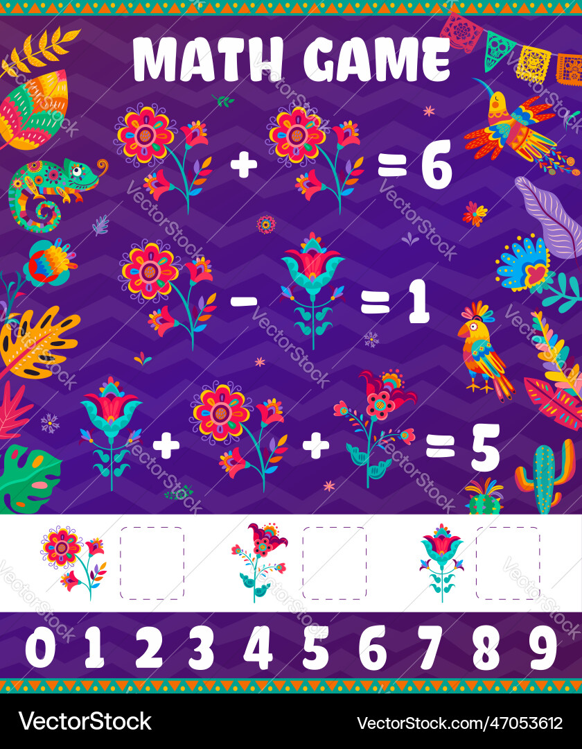 Cartoon mexican parrot chameleon lizard math game Vector Image