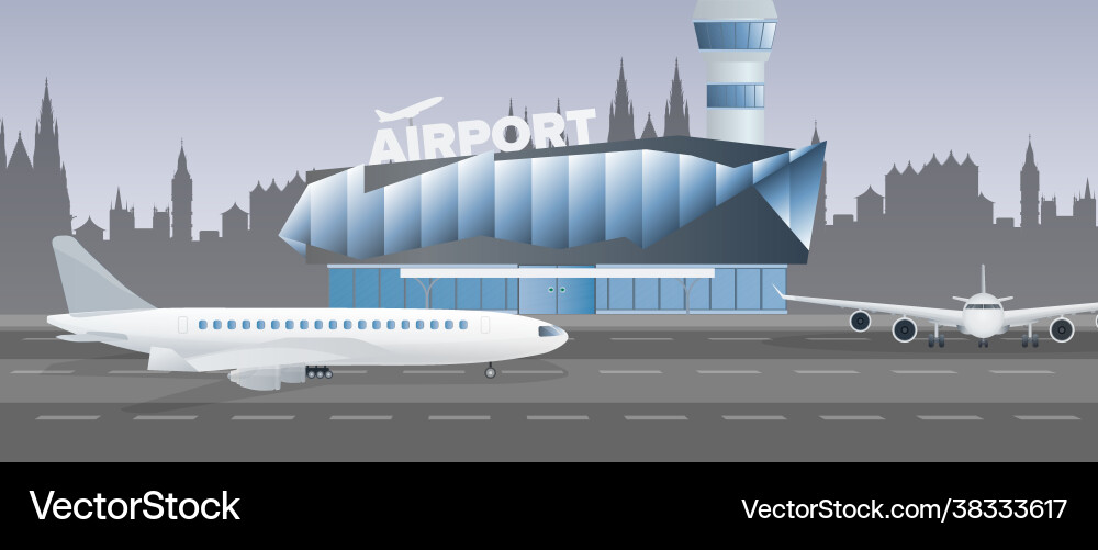 An air terminal building with a large plane Vector Image