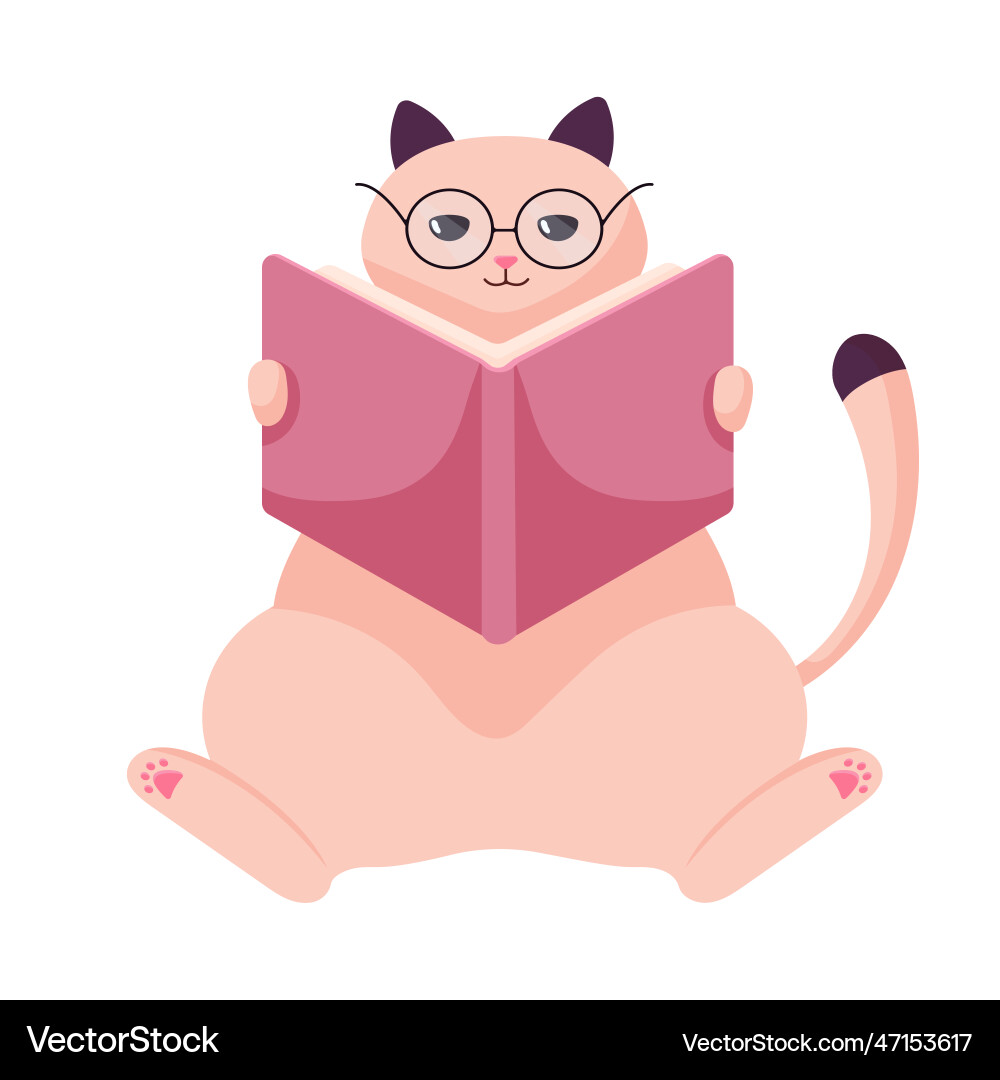 Cute cat in glasses reading book flat icon Vector Image