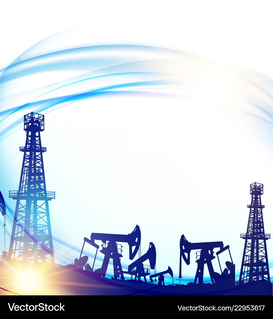 Oil field with derricks and pumpd over blue sky Vector Image