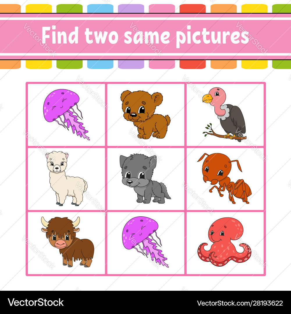 Find two same pictures task for kids education Vector Image