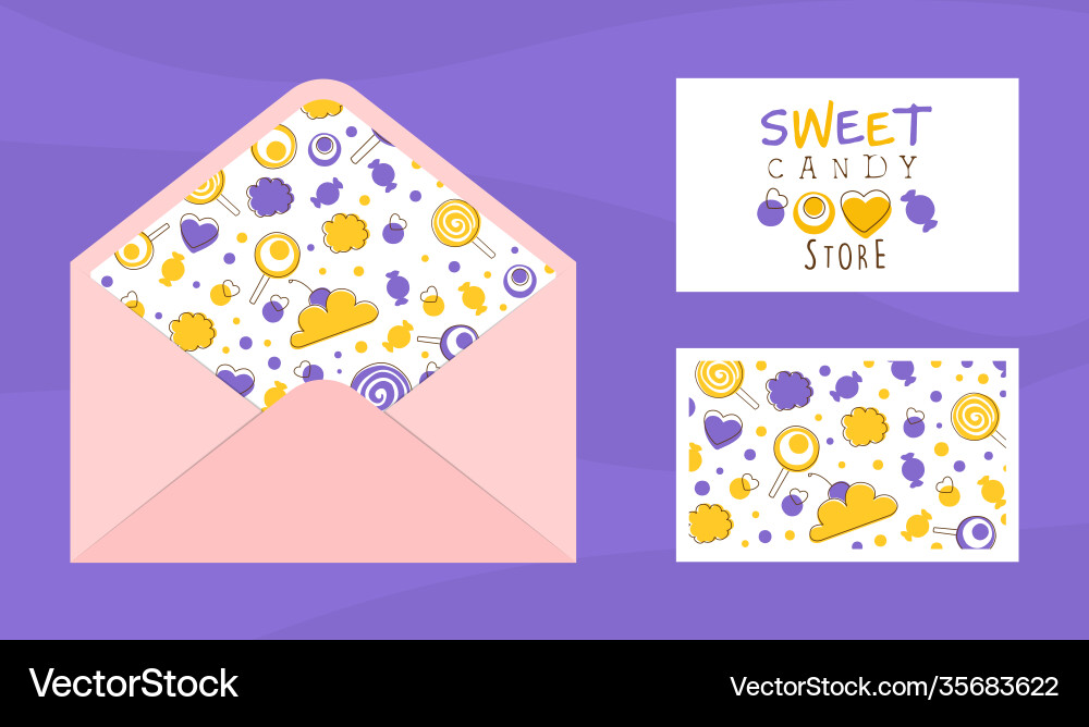 Sweet candy store card and envelope templates set Vector Image