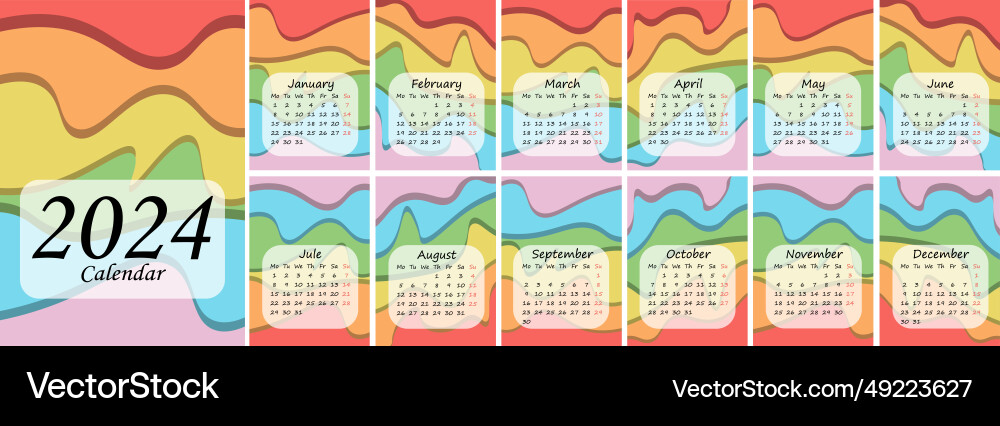 Calendar for 2024 with rainbow abstract background