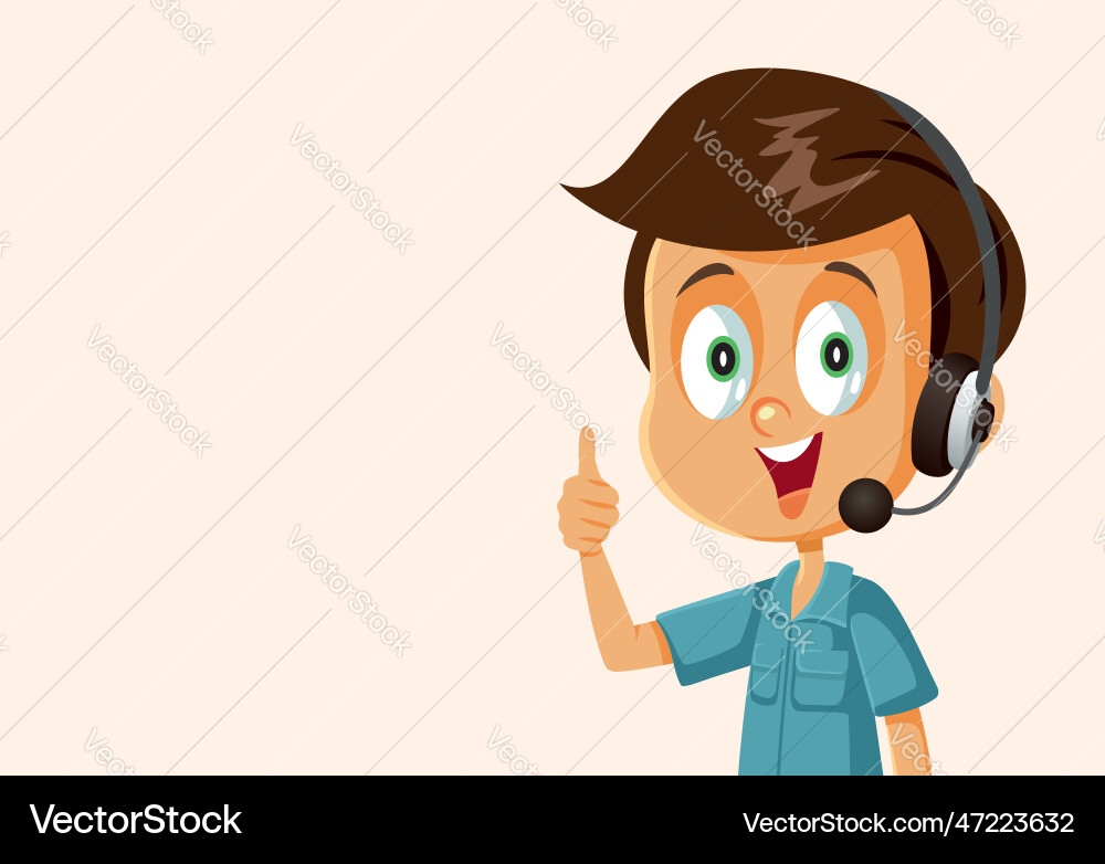 Happy boy with wireless headphones taking a call Vector Image