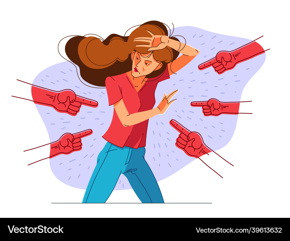 Young girl in problem and pointing finger hands Vector Image
