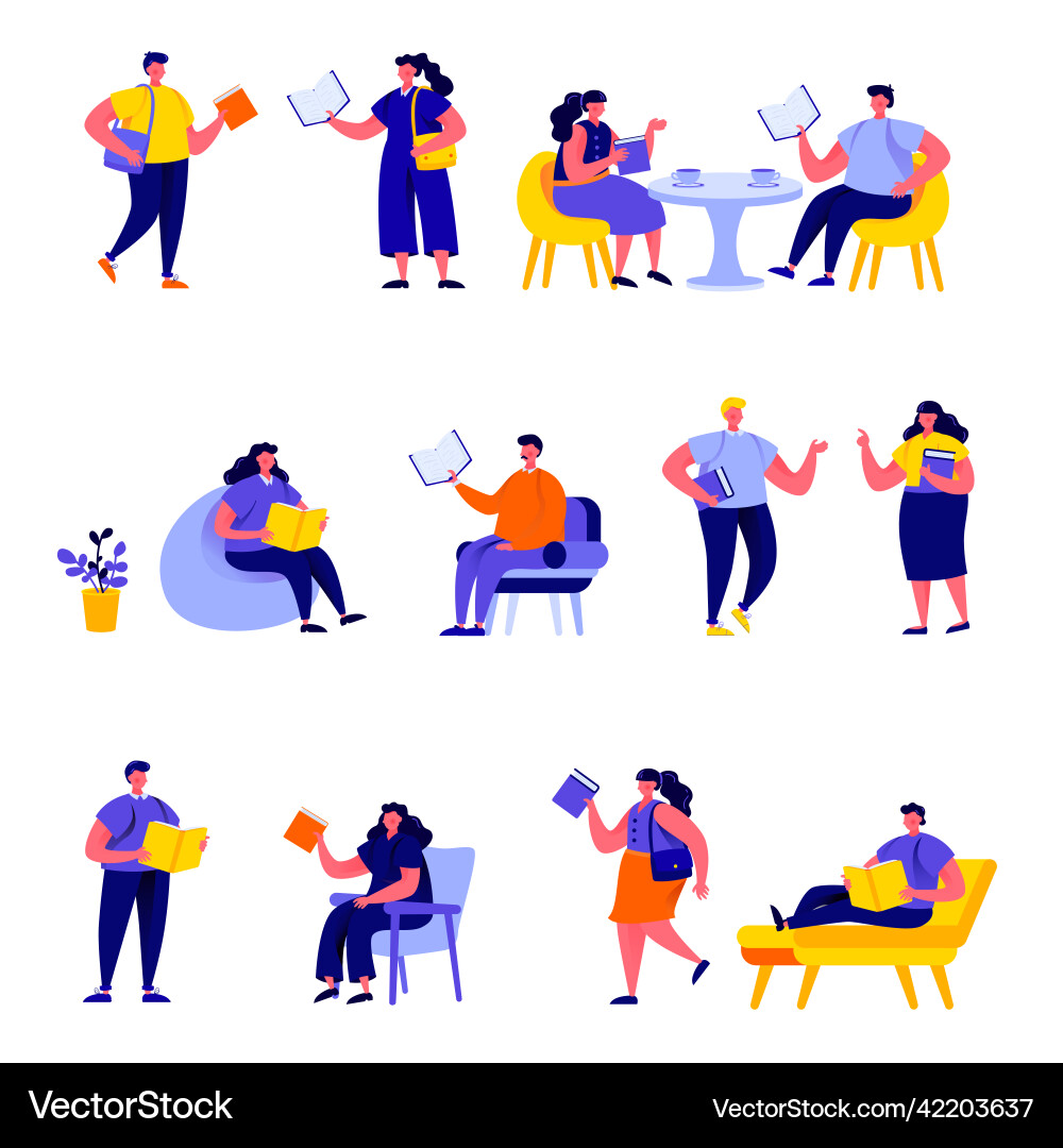 Set of flat people reading or studying Royalty Free Vector
