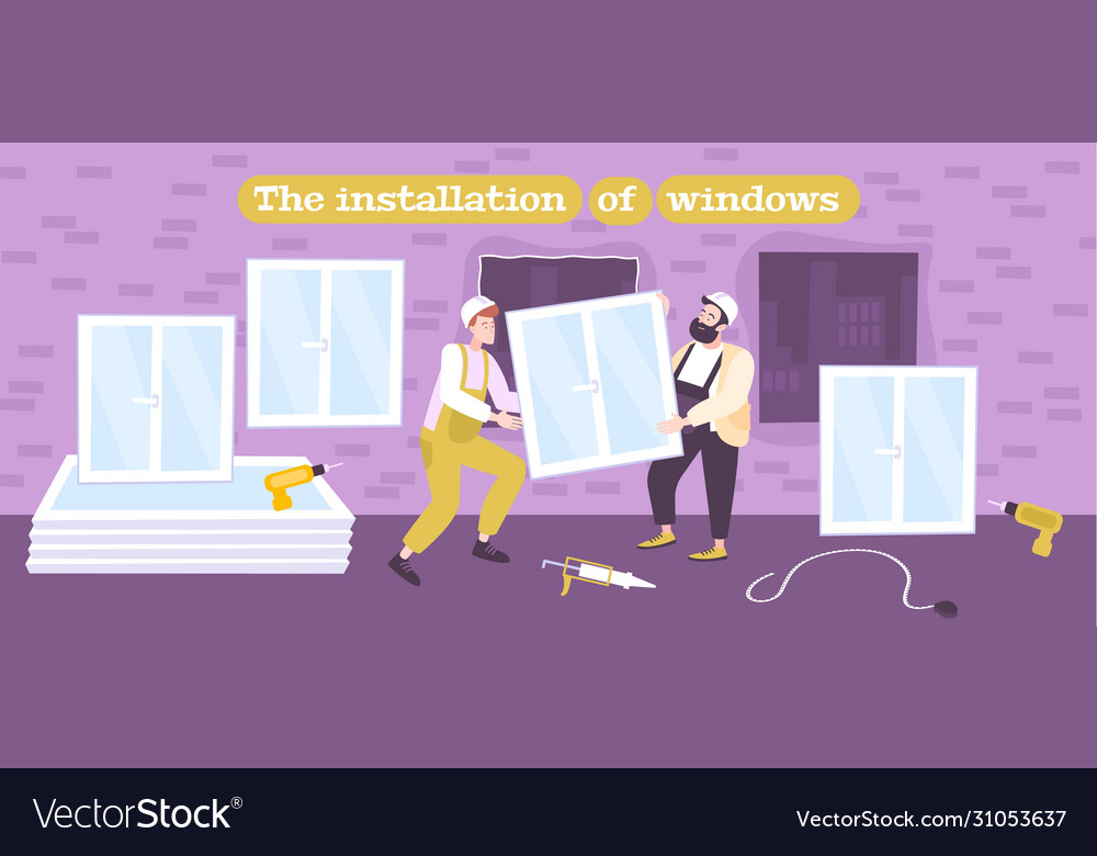Window installation flat composition Royalty Free Vector