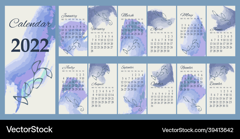 Calendar 2022 blue leaves Royalty Free Vector Image