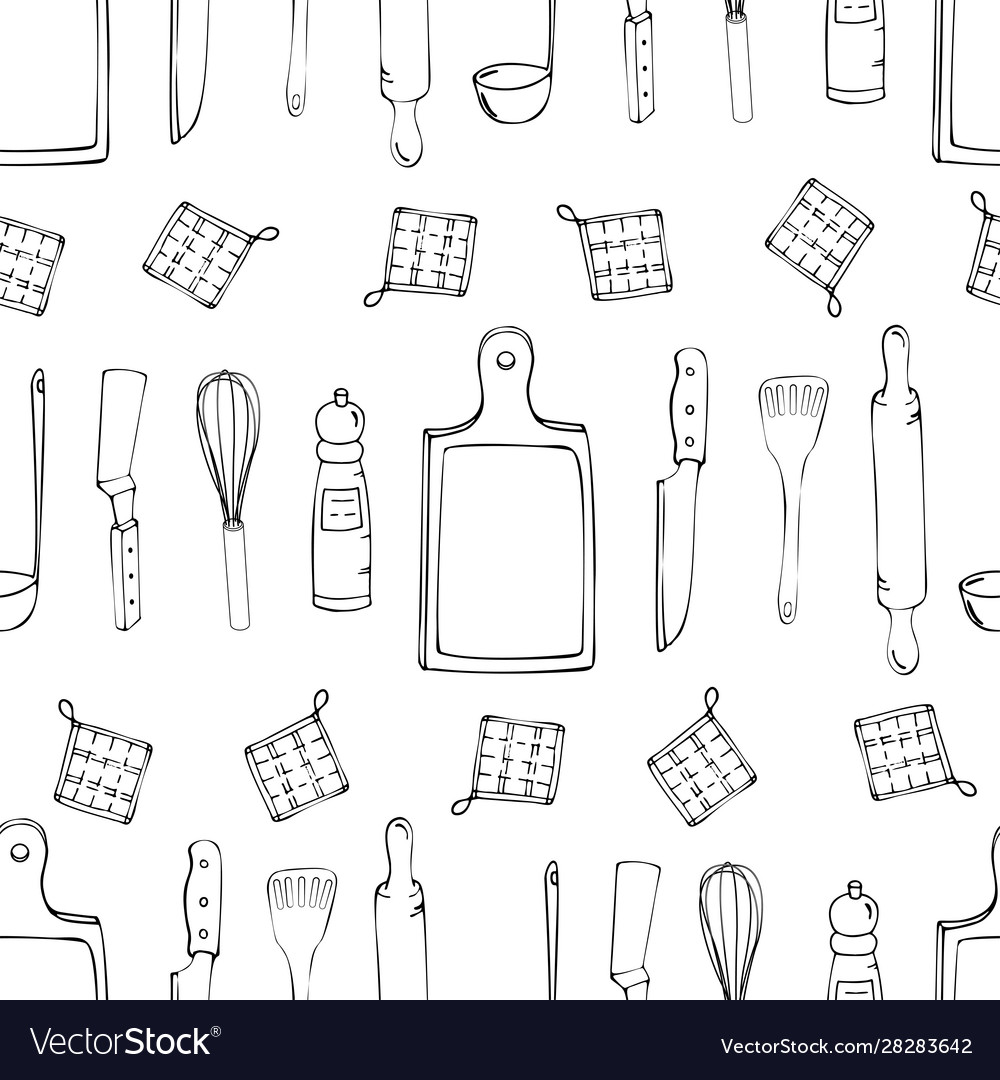 Hand drawn seamless pattern with kitchen Vector Image