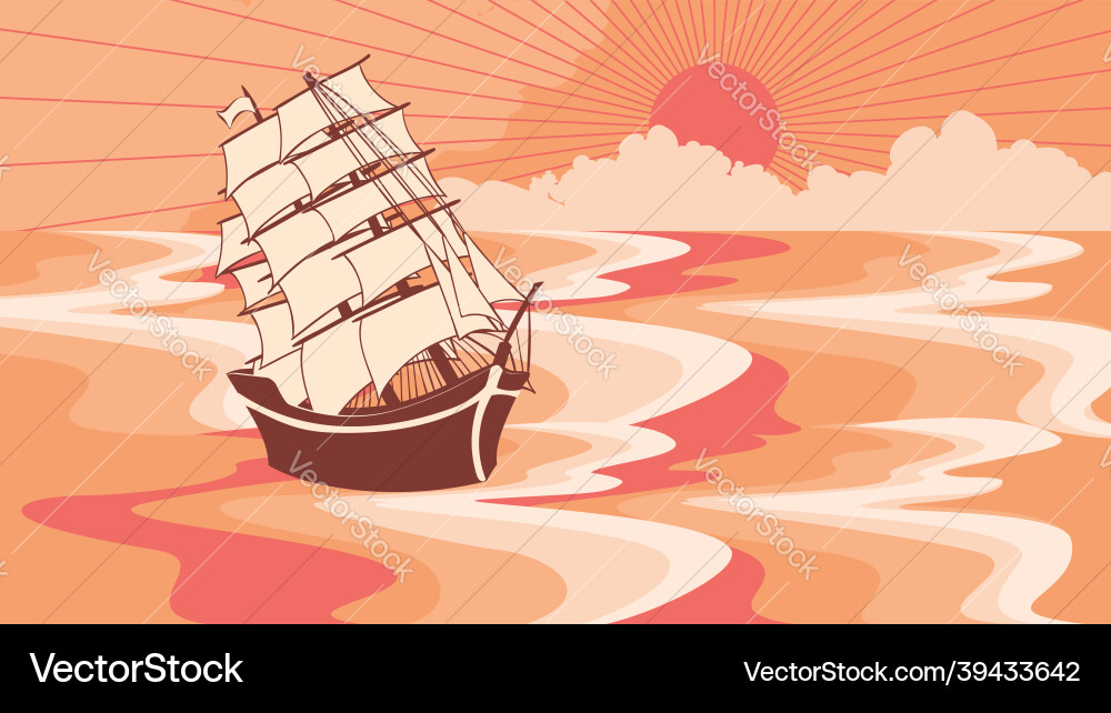Retro ship in the sea Royalty Free Vector Image