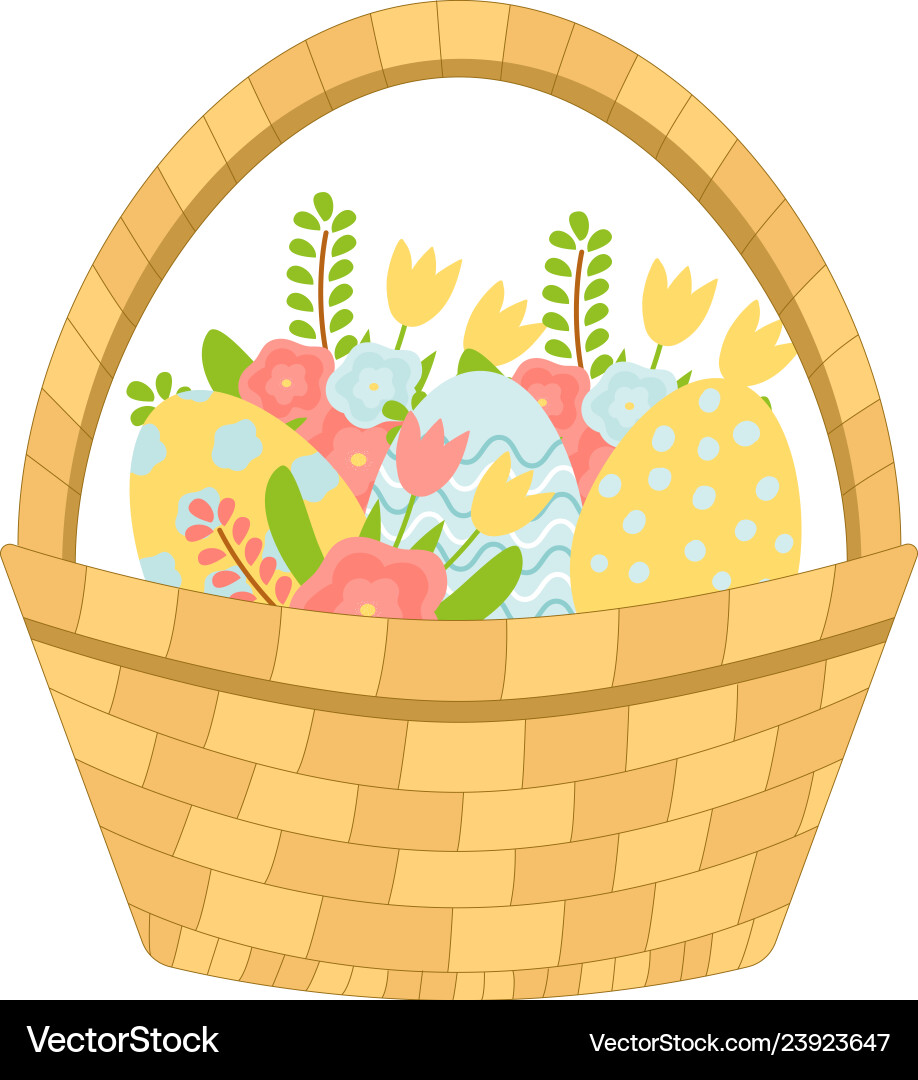 Basket with easter eggs and spring flowers Vector Image