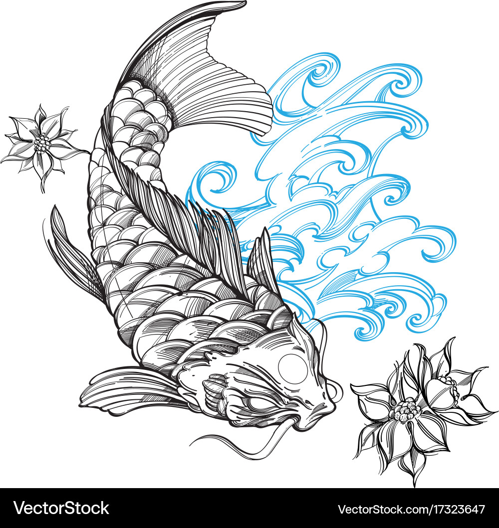 Contour image koi fish with wave and flower Vector Image