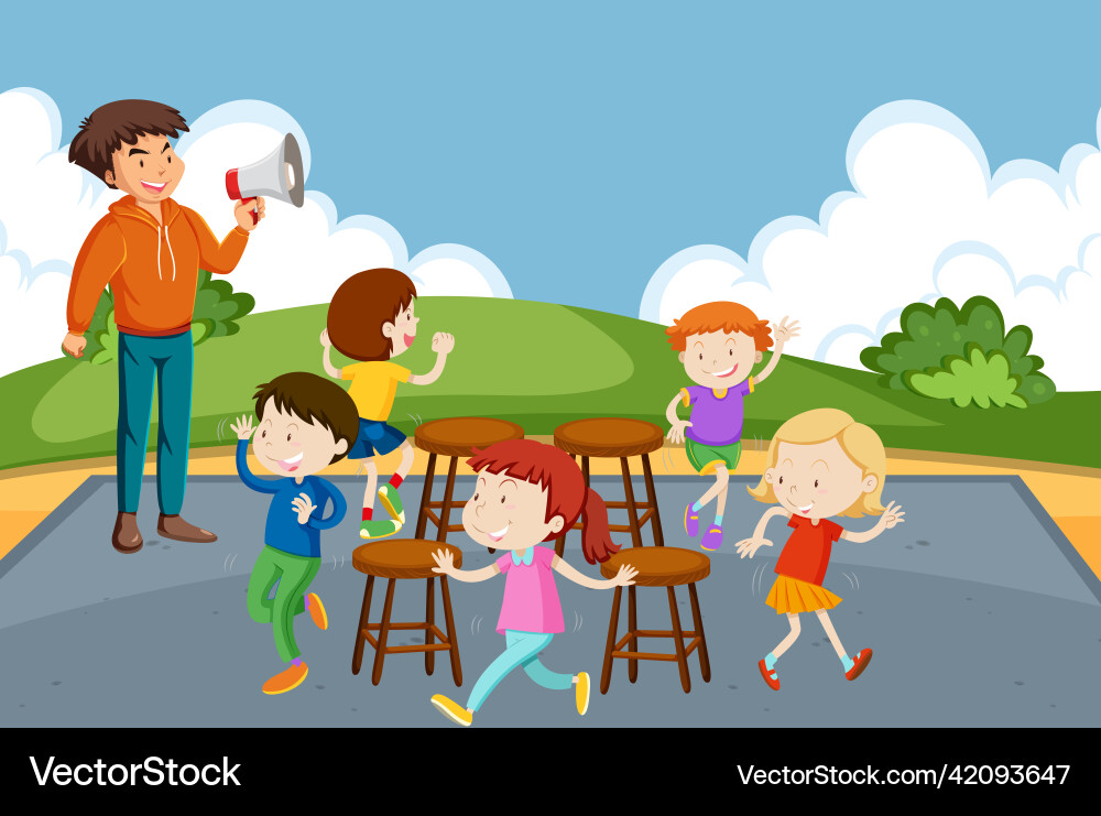 Kids doing physical activity with music chair Vector Image