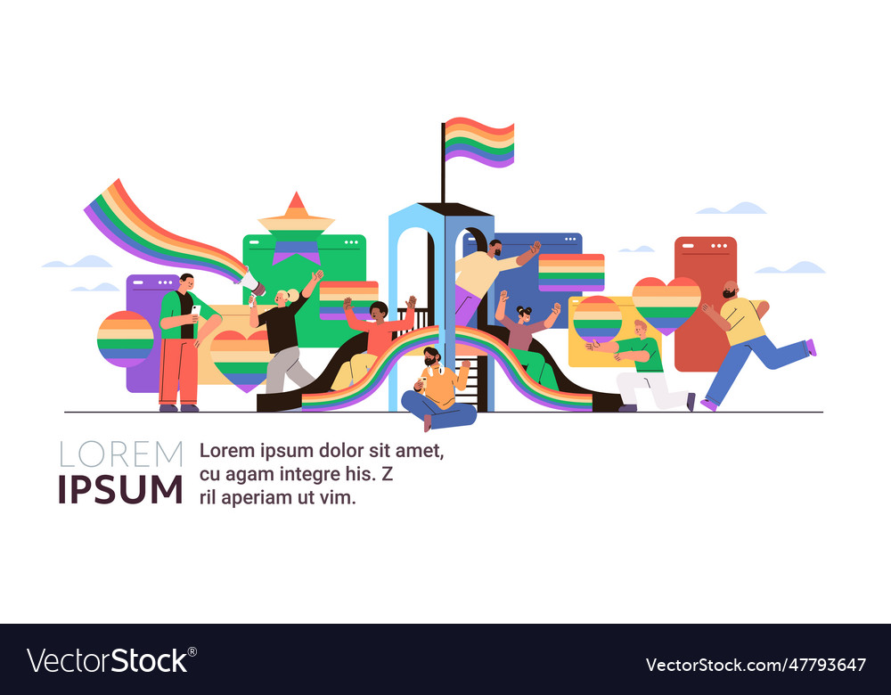 People with lgbt rainbow flags chatting in social Vector Image
