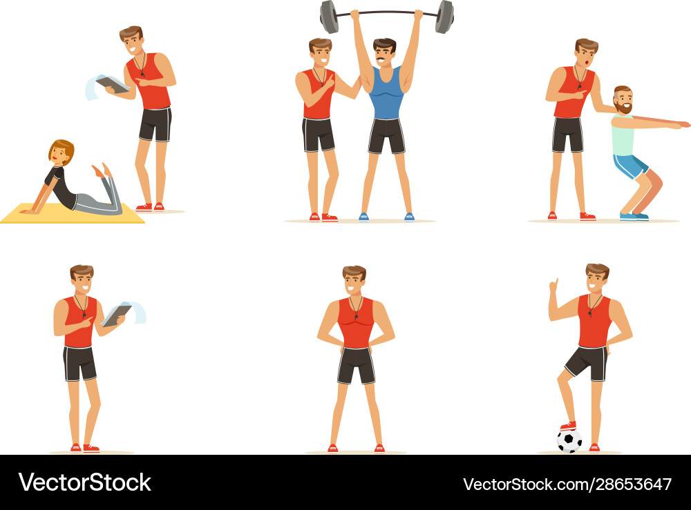 Personal gym coach helping people characters Vector Image