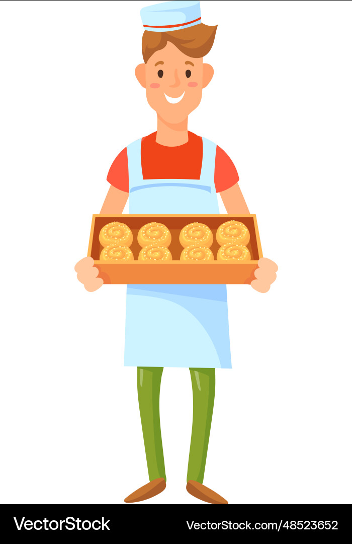Happy baker with pastry box cartoon professional Vector Image