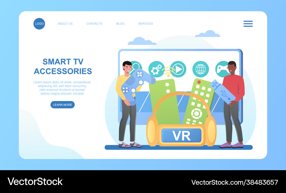 Two male characters are using smart television Vector Image