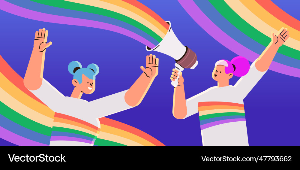 Women with lgbt rainbow flags shouting Royalty Free Vector