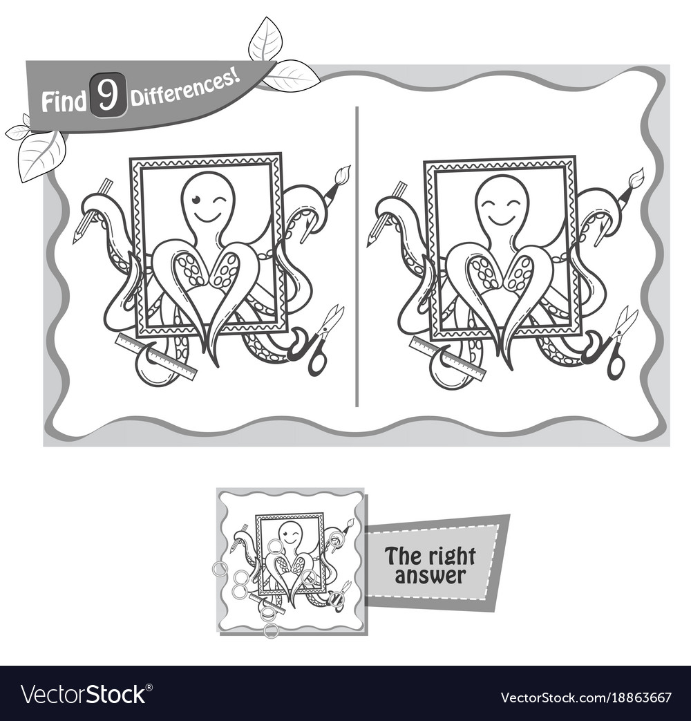 Find 9 differences game octopus Royalty Free Vector Image