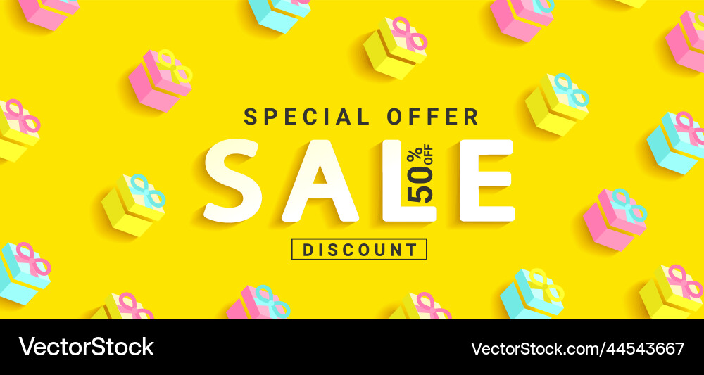 Sale inviting banner with gift boxes pattern Vector Image