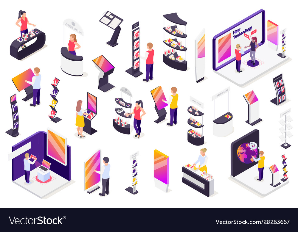 Technology exhibition isometric set Royalty Free Vector Technology exhibition isometric set Royalty Free Vector