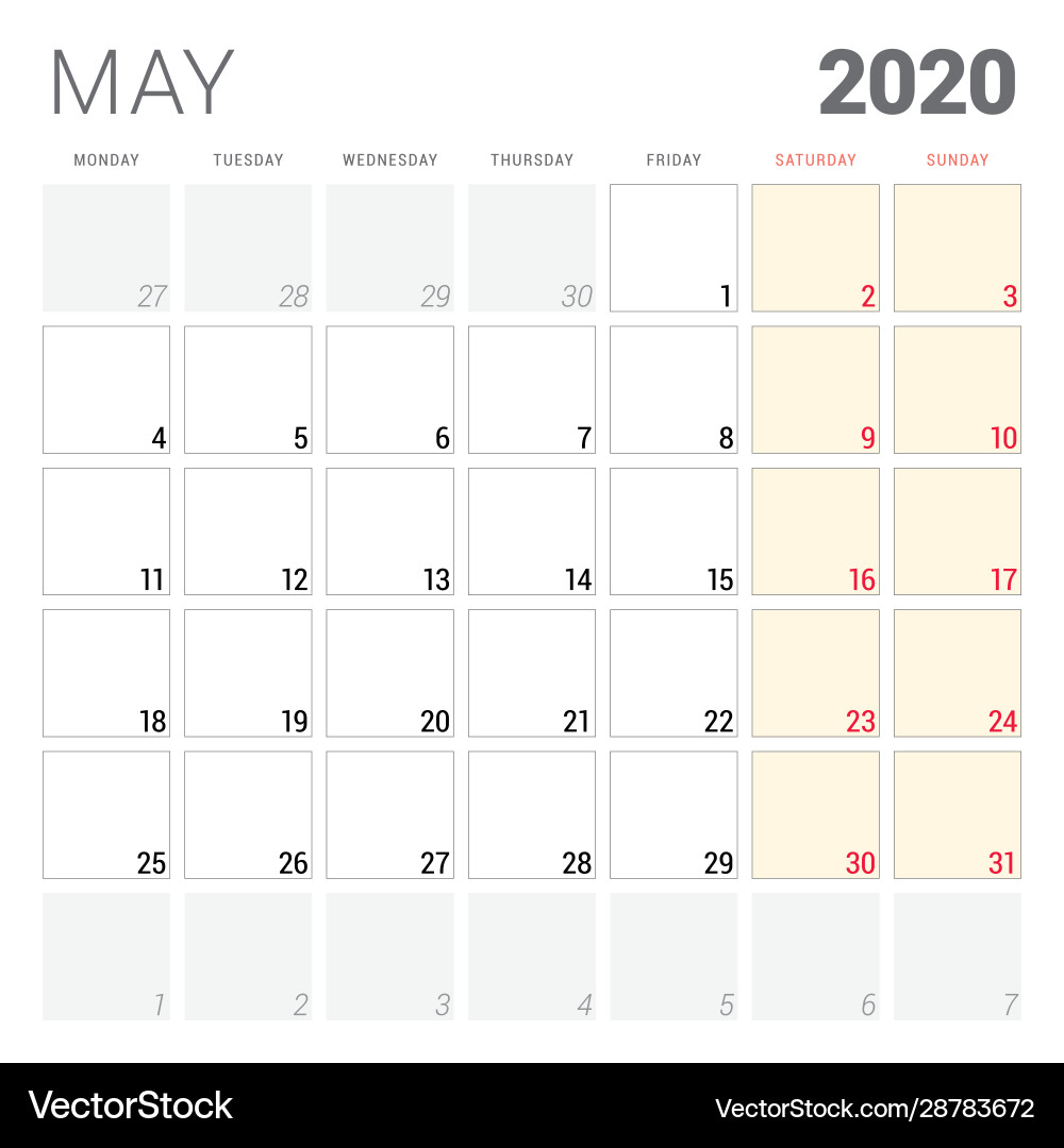 Calendar planner for may 2020 week starts Vector Image