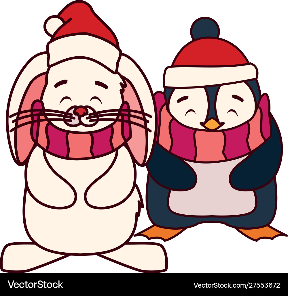 Penguin and rabbit with hat scarf in white Vector Image