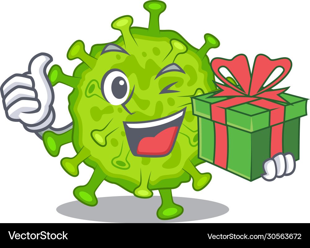 Smiley virus corona cell cartoon having a gift box