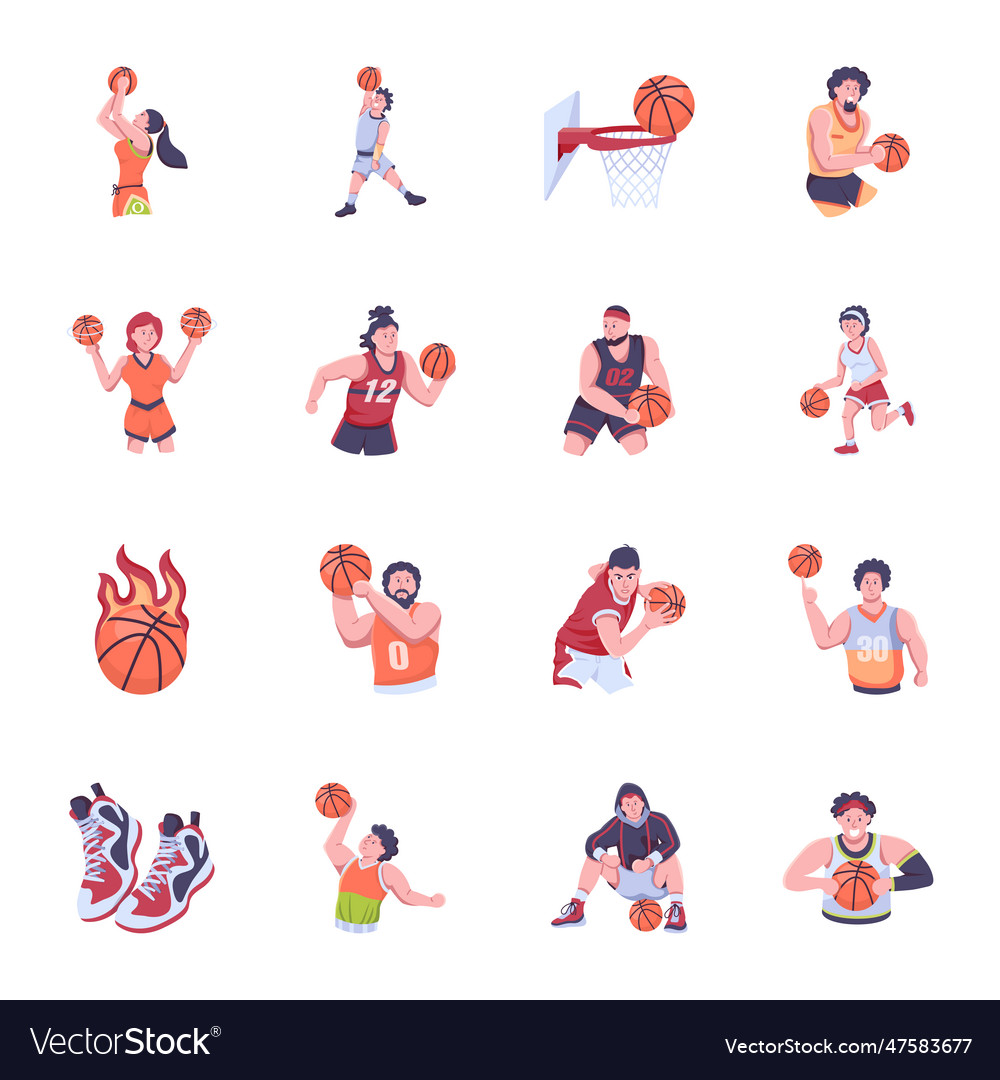 Set of basketball players flat icons Royalty Free Vector