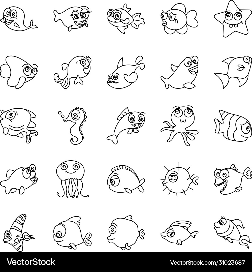 Cute fishes doodle icons pack Royalty Free Vector Image