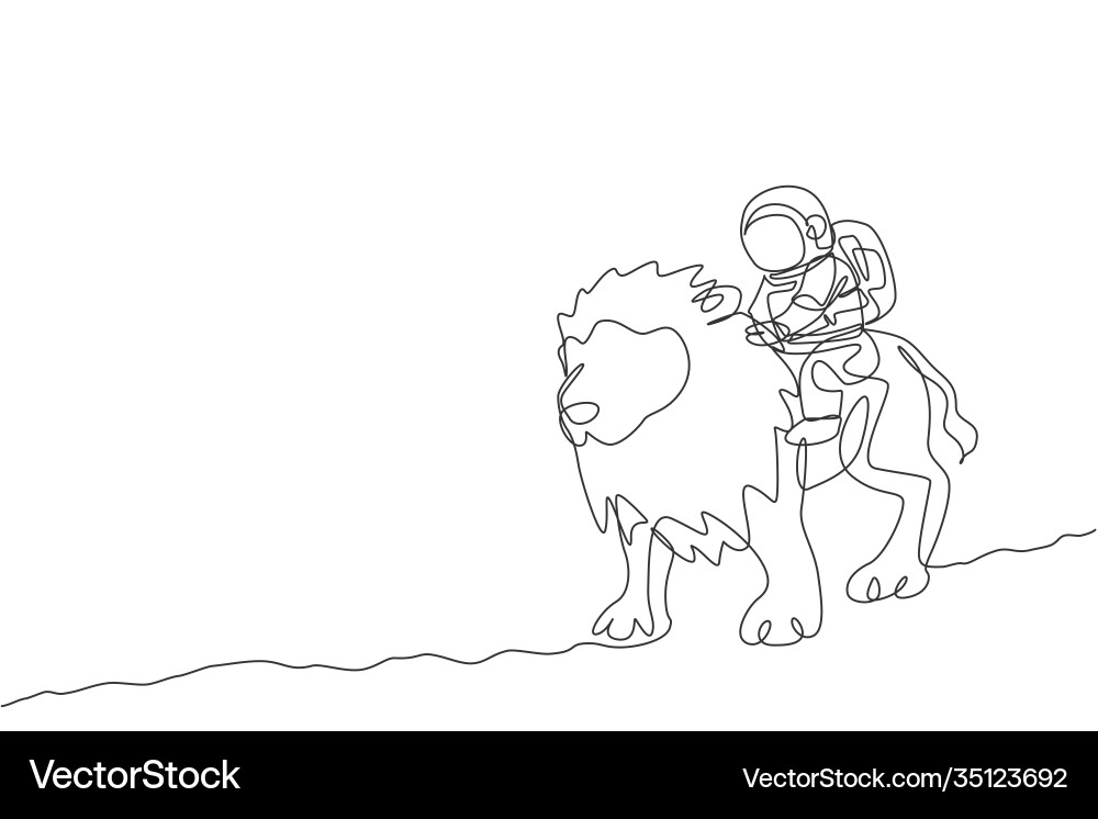 One single line drawing astronaut riding lion Vector Image