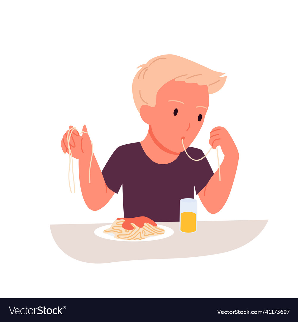 Cute hungry boy eating spaghetti bolognese Vector Image
