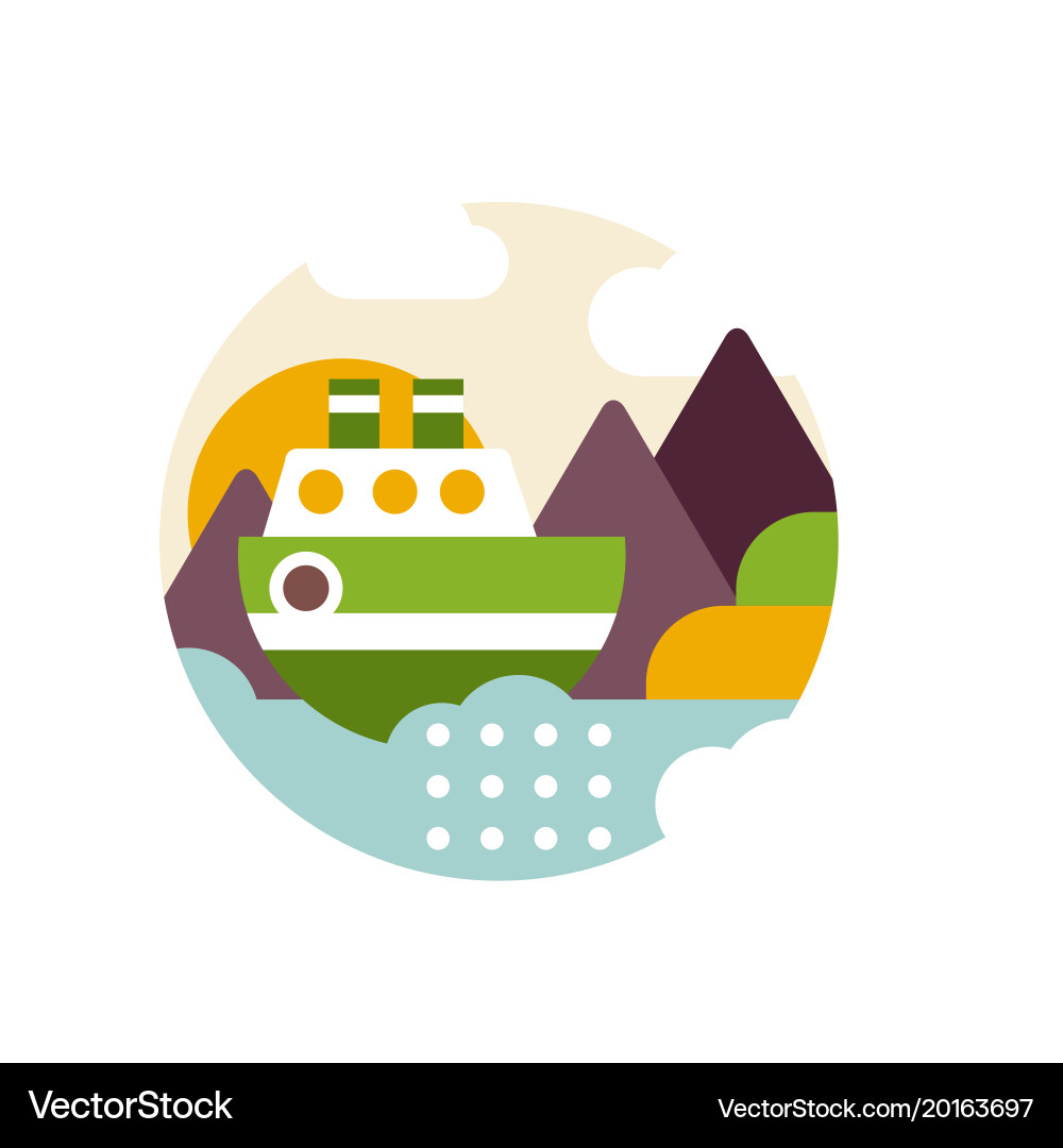 Summer landscape with river and ship in logo Vector Image