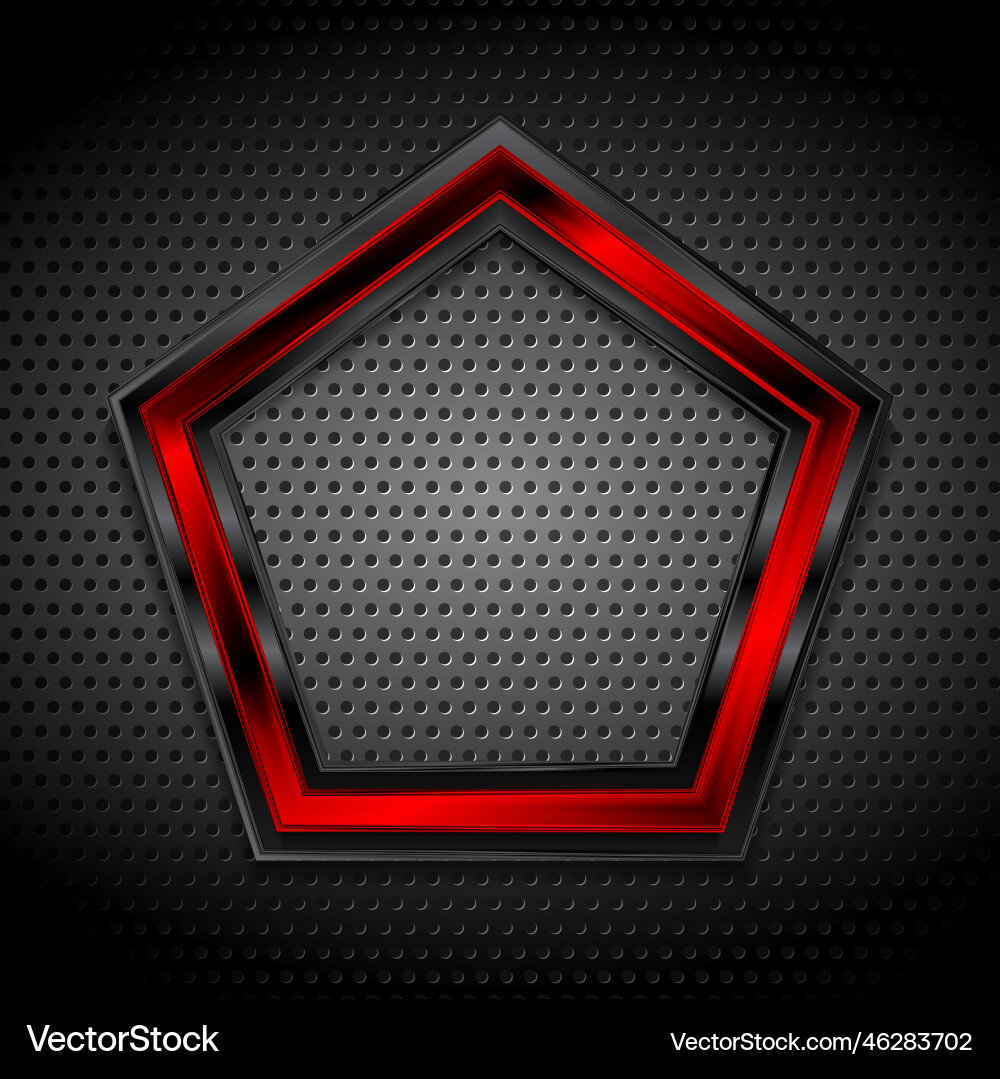 Black and red pentagon on perforated metallic Vector Image