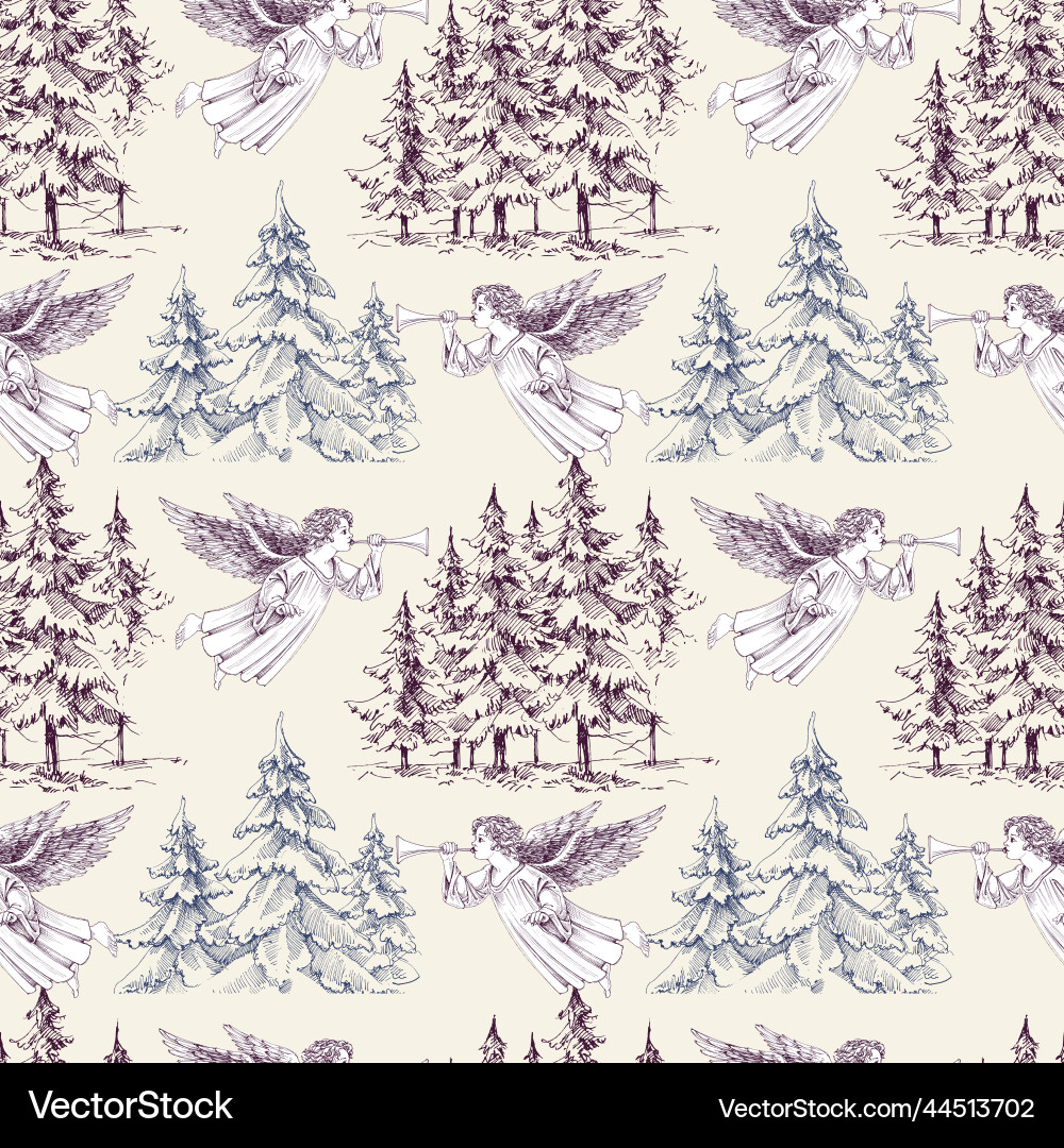 Christmas trees and angel seamless Royalty Free Vector Image