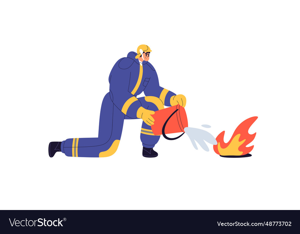 Firefighter in uniform extinguishing small fire Vector Image