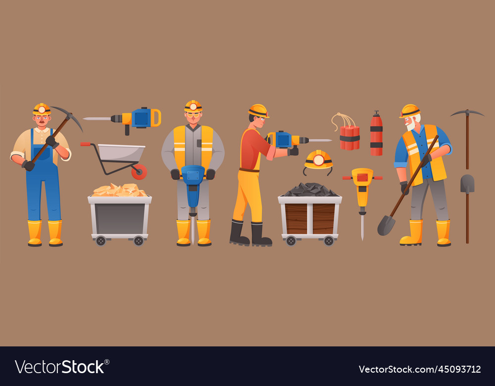 Cartoon miners and equipment digger character Vector Image