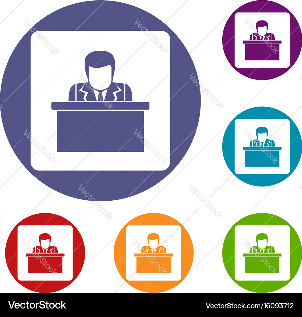 Orator speaking from tribune icons set Royalty Free Vector