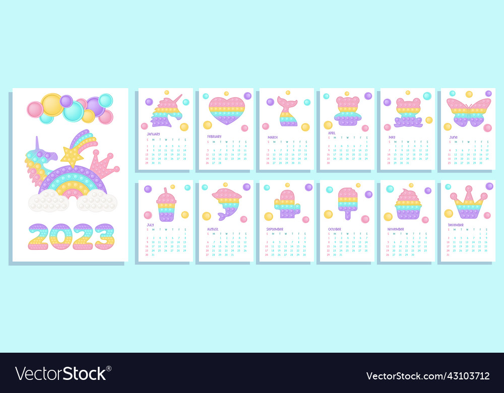 Pop it pastel calendar 2023 with fidget toys Vector Image