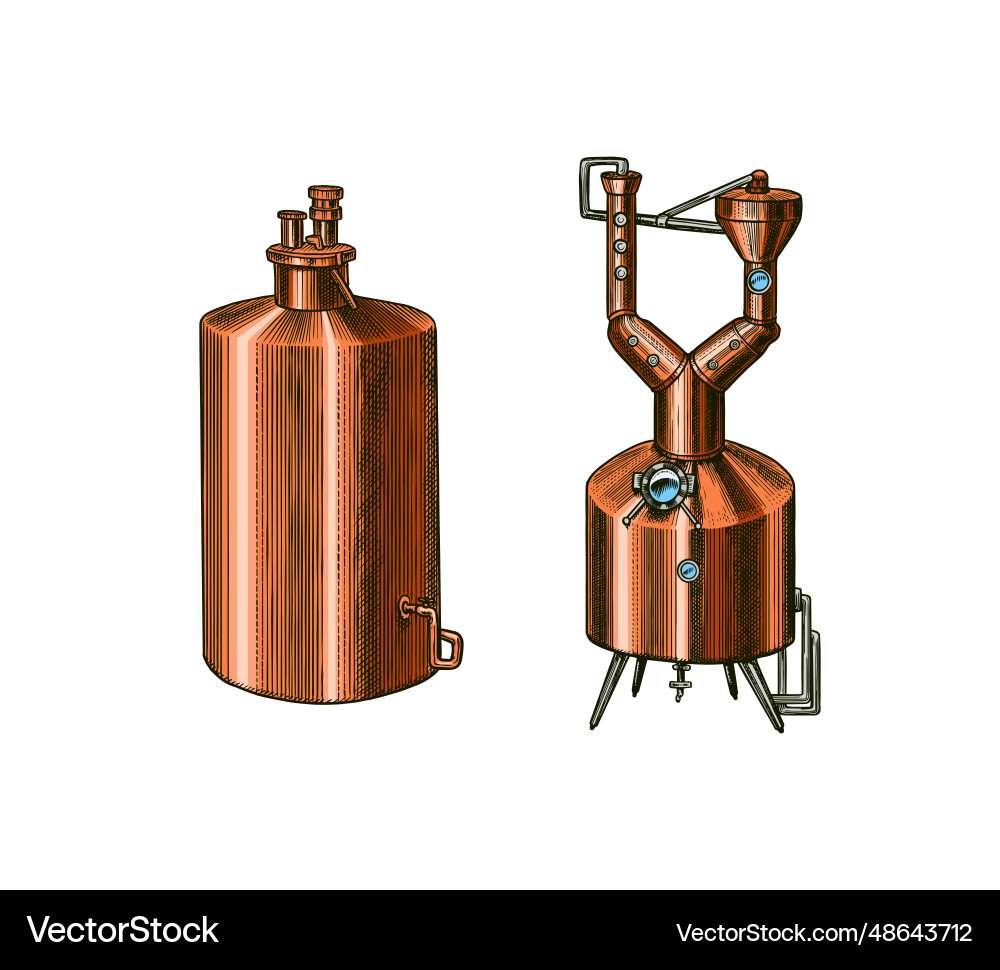 Pot swan necked copper stills distillery Vector Image