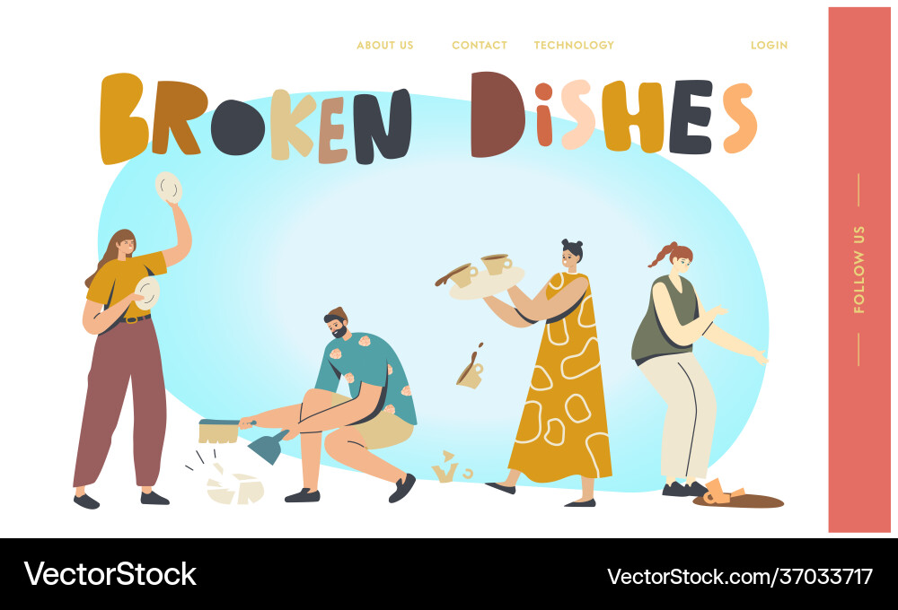 Clumsy characters break dishes landing page Vector Image