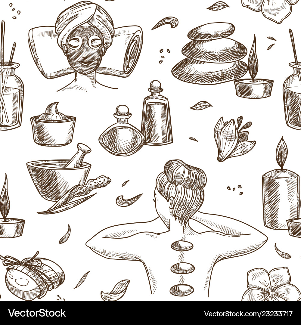 Spa salon services sketch seamless pattern woman Vector Image
