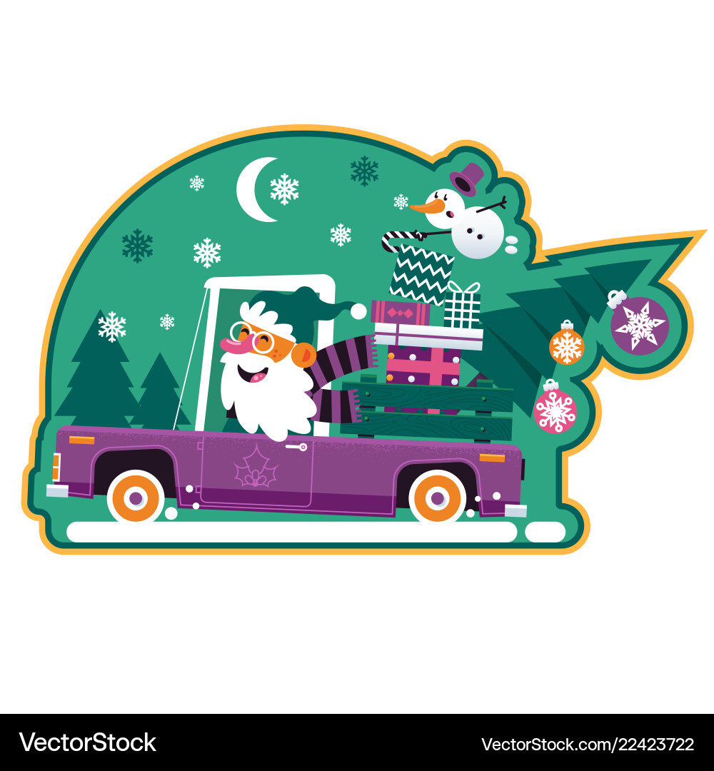Santa driving retro car with green tree Royalty Free Vector