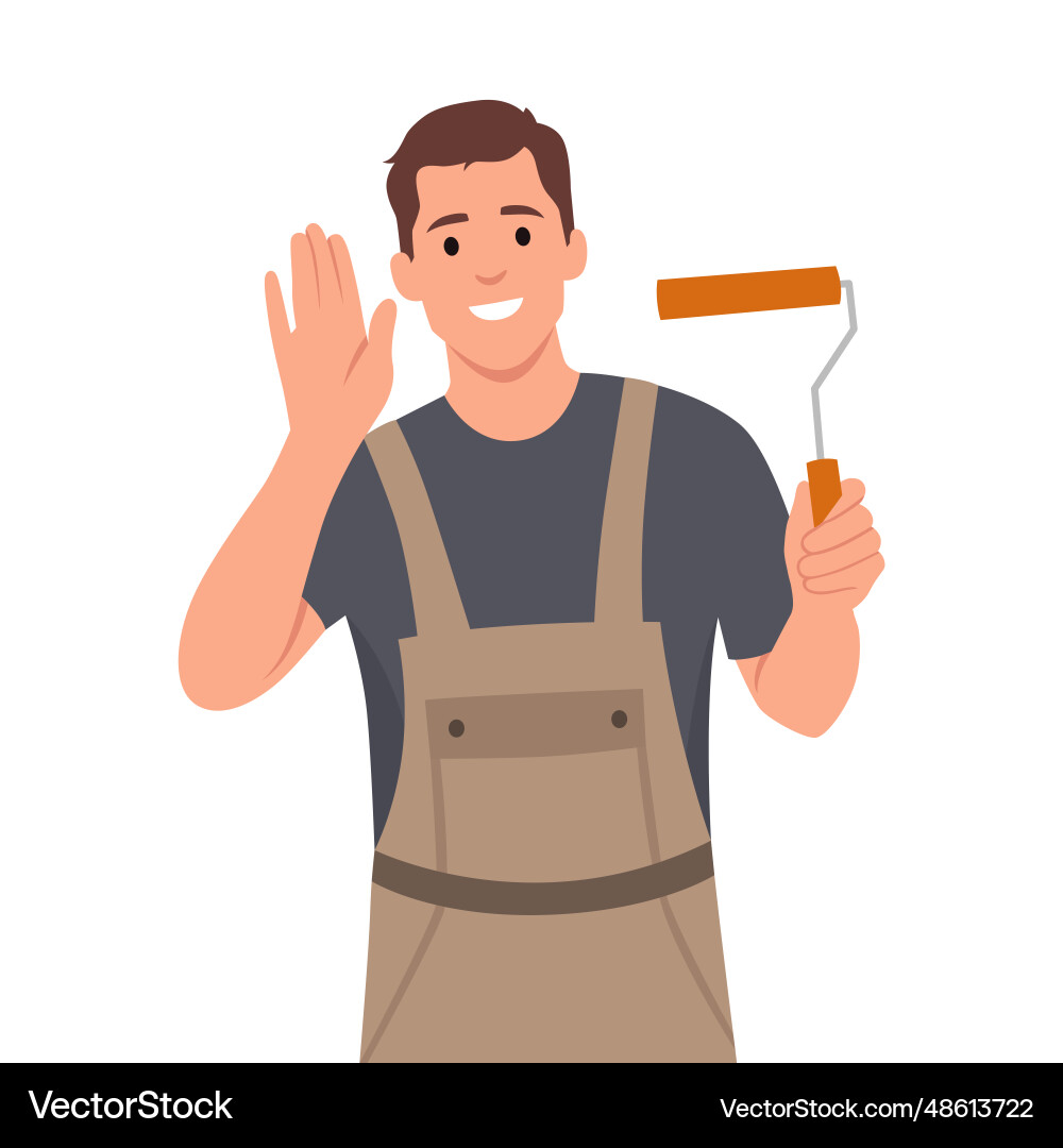 Young man painter with paintbrush ready to paint Vector Image
